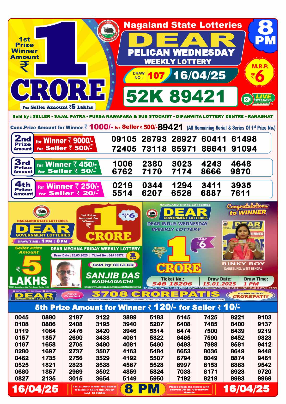 Lottery Sambad Result 16.04.25 লটারি সংবাদ