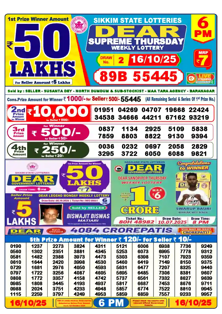 Dear Lottery Result 16.10.25 Nagaland State