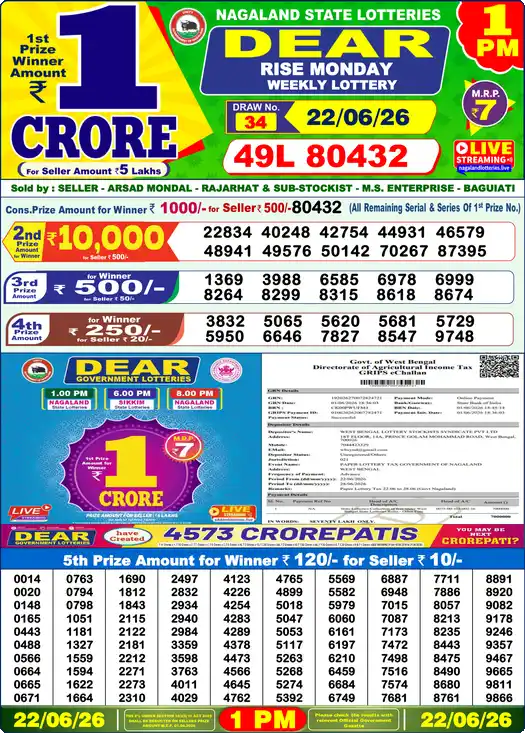Dear Lottery Result Today 1 PM (22.06.26) – Nagaland State