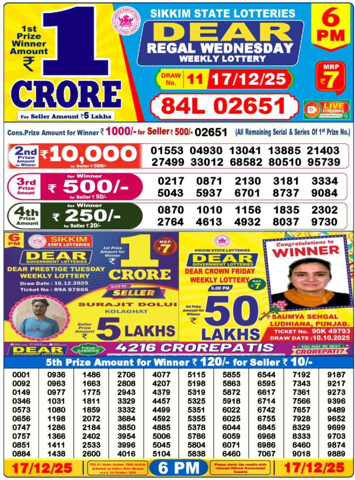Dear Lottery Result Today (December 18, 2025) – 1 PM, 6 PM, 8 PM